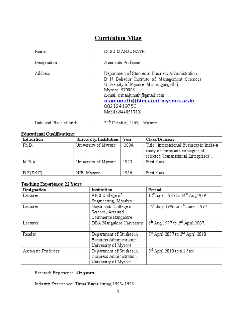 Curriculum Vitae: Educational Qualifications: Education University ...