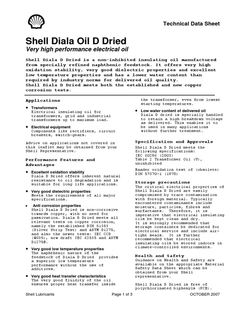 Shell Diala Oil D Dried: Very High Performance Electrical Oil | PDF ...