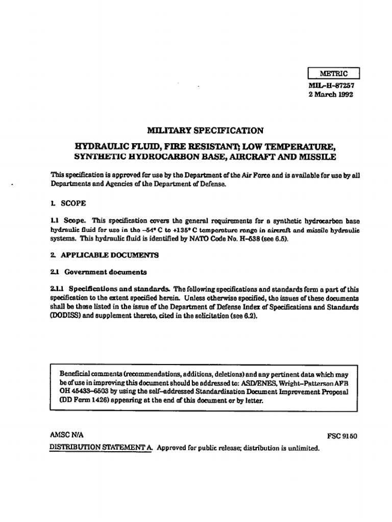 MIL-PRF-87257 Hydraulic FluidF 87257 Hydraulic Fluid | PDF | Pressure ...