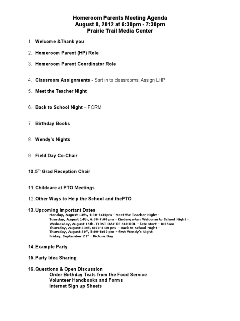 Homeroom Parents Meeting Agenda | PDF | Kindergarten | Teachers