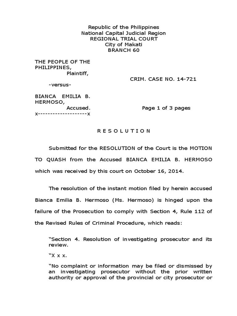 Motion To Quash Hermoso | PDF | Criminal Procedure In South Africa | Prosecutor