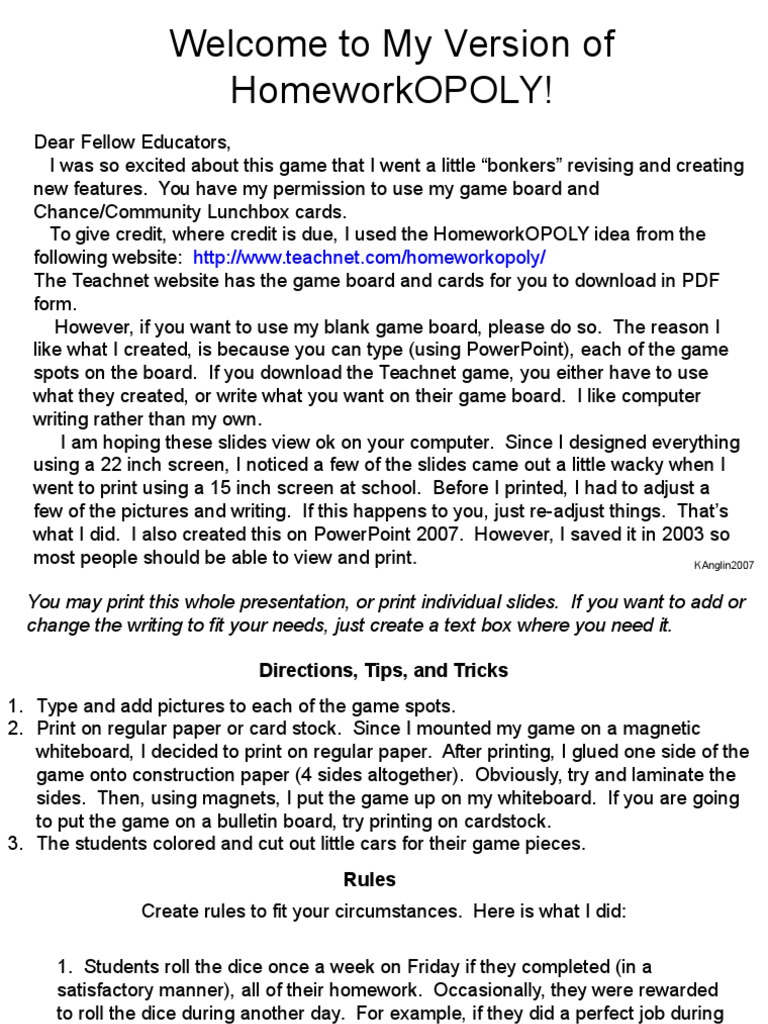 Homework Opoly For You | PDF | Classroom | Leisure