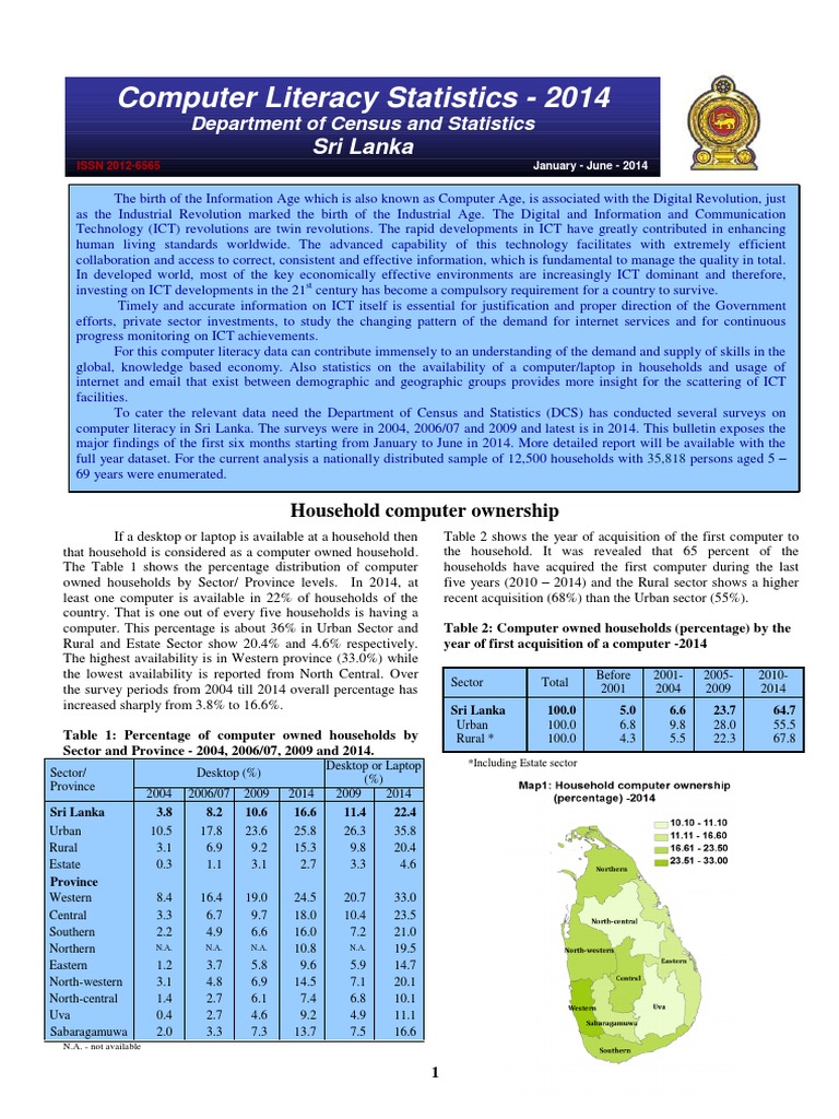 Computer Literacy Statistics - 2014: Sri Lanka | PDF | Literacy ...
