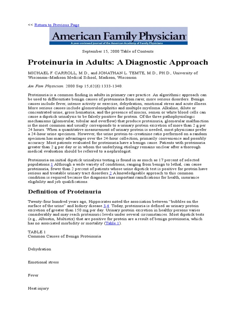 Proteinuria in Adults and Diagnostic Approach | PDF