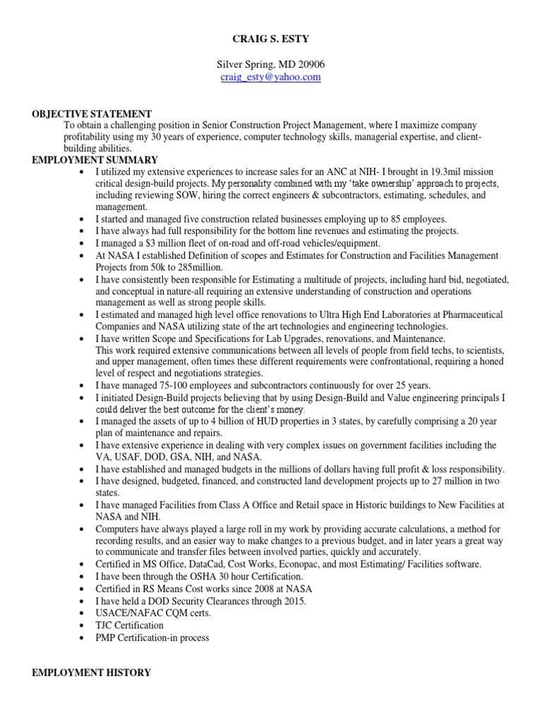 Senior Construction Project Manager in Washington DC Resume Craig Esty ...