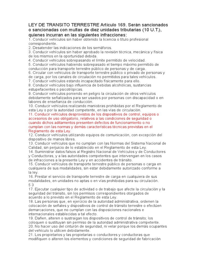Ley de Transito Terrestre Artículo 169, 170 | Ley estatutaria ...