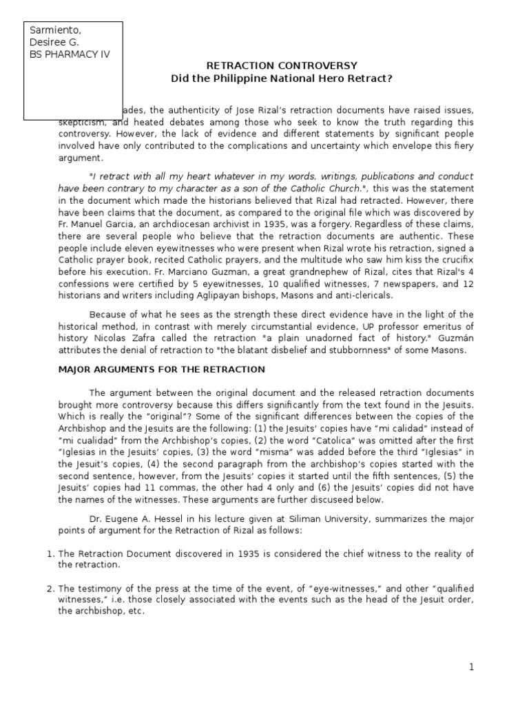 Rizal's Retraction Debate Analysis | PDF | Religion And Belief