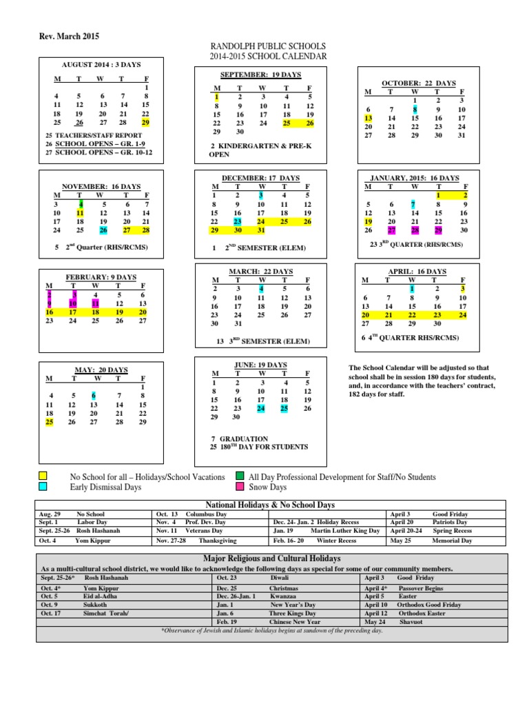Randolph Public Schools 2014-2015 Calendar | PDF