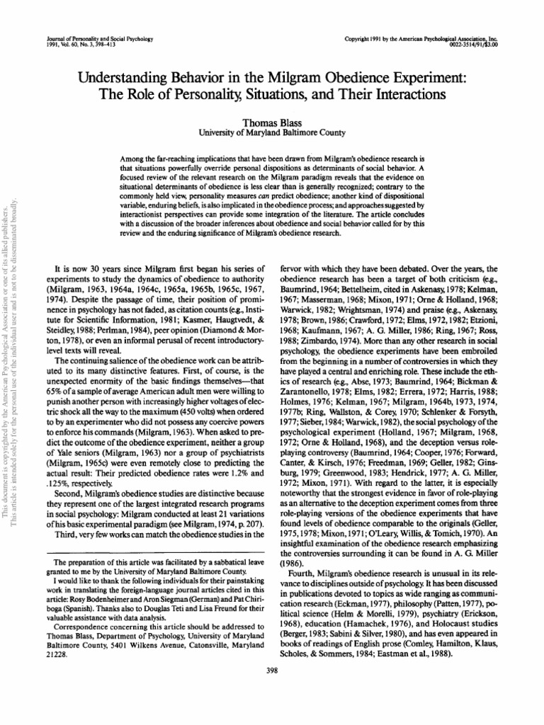 Blass. Understanding Bchavior in The Milgram Obedience Experiment | PDF ...
