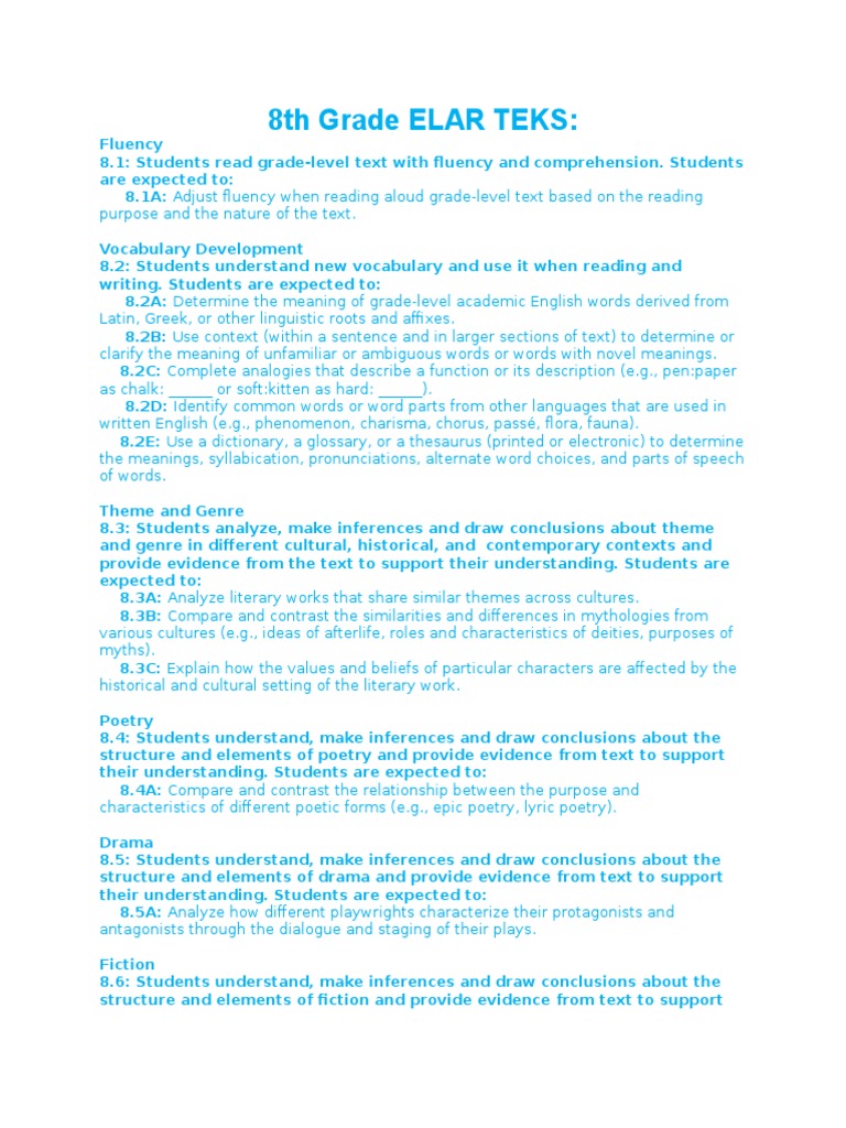 8th Grade Elar Teks | PDF | Reading Comprehension | Poetry