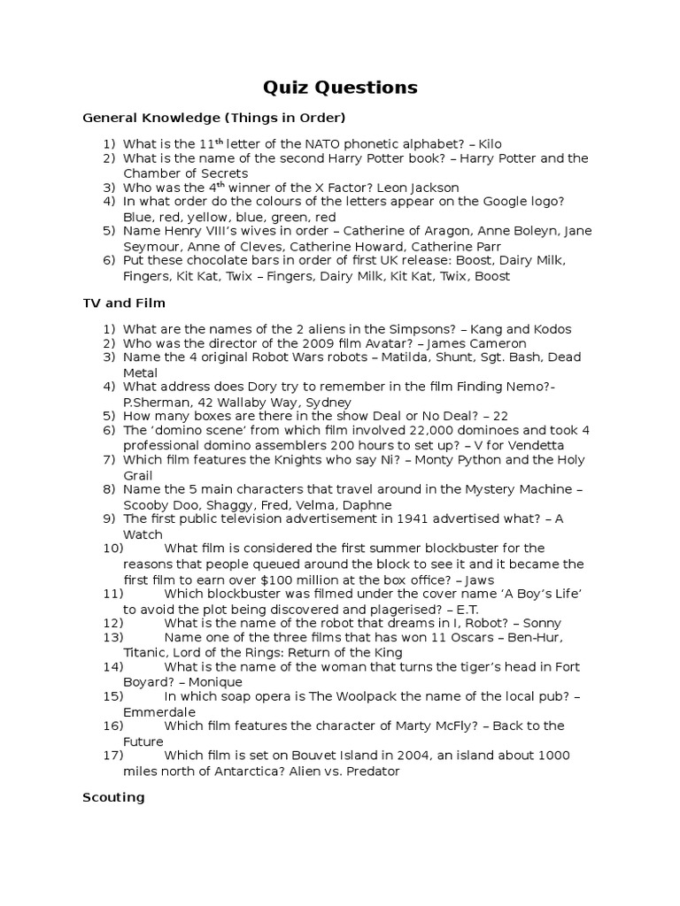 Quiz Questions | PDF | Leisure