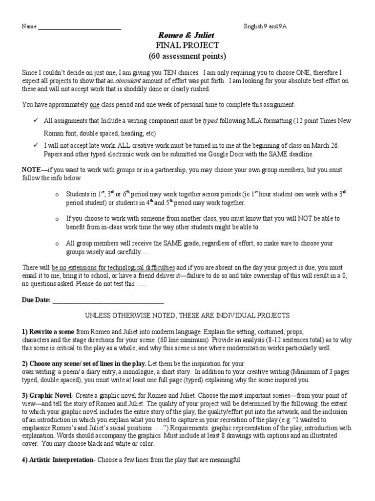 Romeo Juliet Final Project Guidelines | PDF | Romeo And Juliet ...