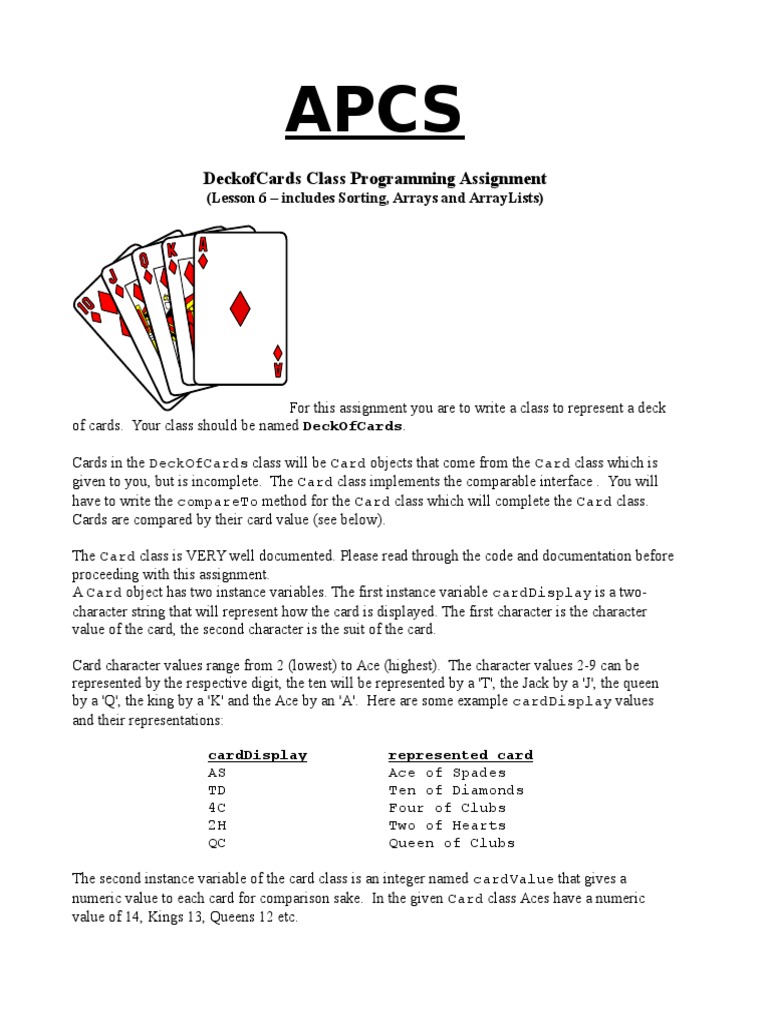 APCS Deck of Cards Programming Assignment | PDF | Playing Cards | Variable (Computer Science)