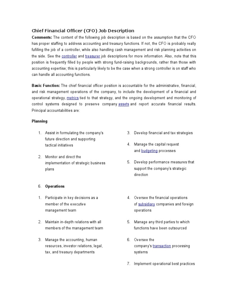 CFO Job Description and Responsibilities | PDF | Chief Financial ...