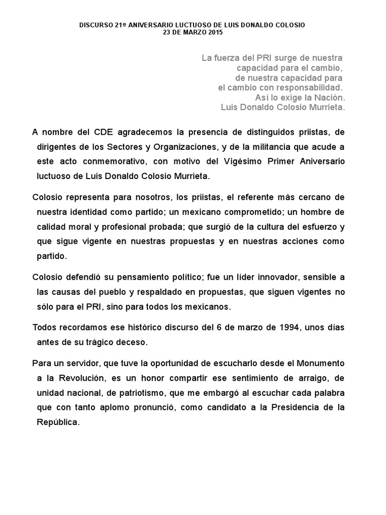 Discurso de Aniversario Luctuoso Luis Donaldo Colosio | PDF | Partido ...