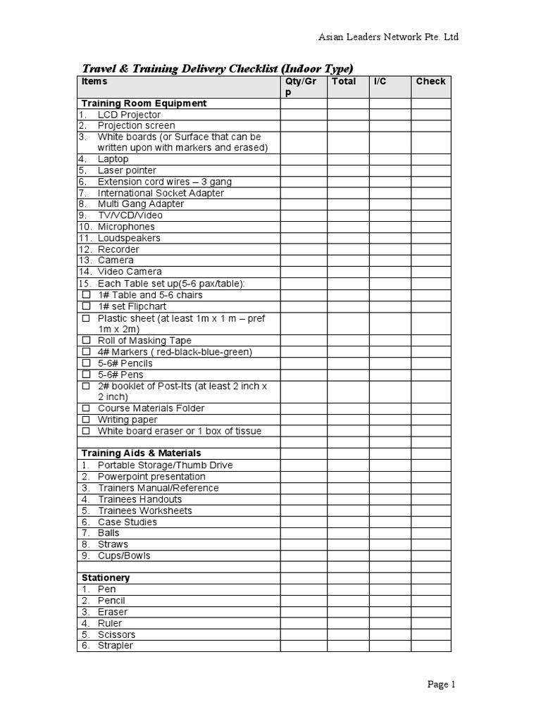 Travel and Training Delivery Checklist Generic | PDF | Laptop | Equipment