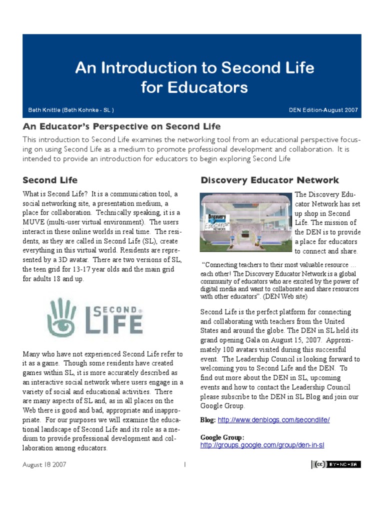 An Introduction To Second Life For Educators | PDF | Second Life ...