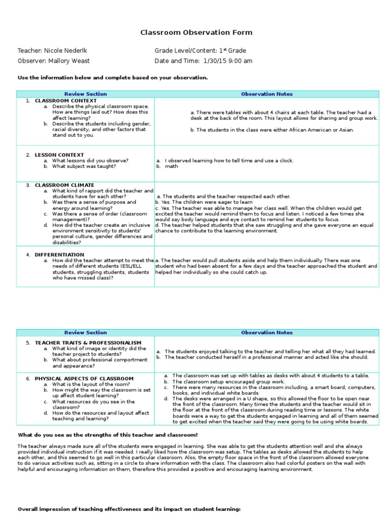 Classroom Observation Insights | PDF | Classroom | Pedagogy