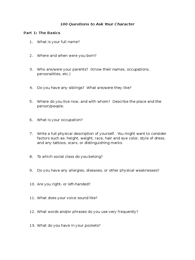 100 Questions To Ask Your Character | PDF | Behavioural Sciences ...