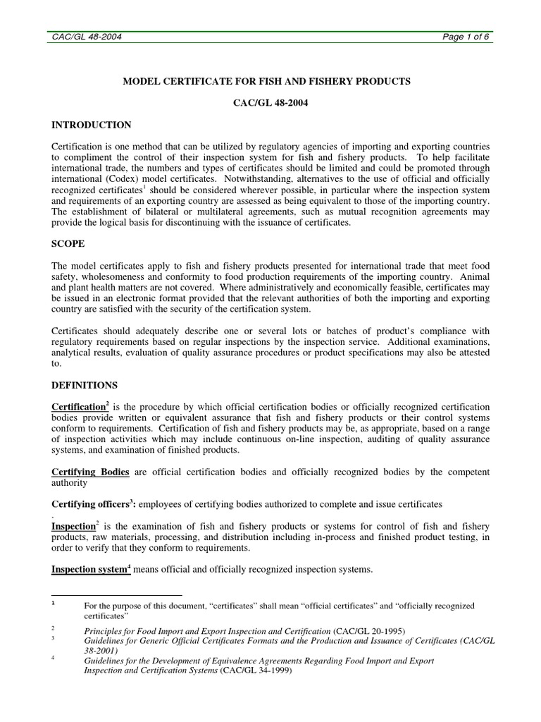 Model Certificate for Fish Products | PDF | Certification | Packaging ...