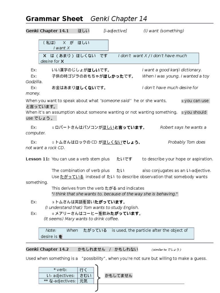 Grammar Sheet Genki Chapter 14 - 15 | PDF