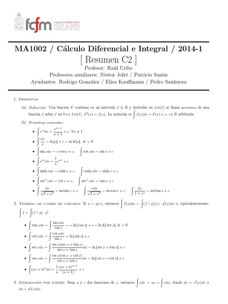 MA1002 Resumen C2 PDF | PDF | Función continua | Integral