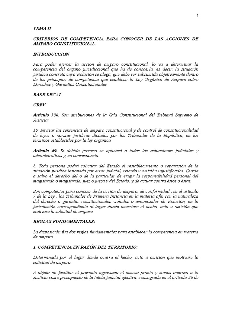 Criterios de Competencia para Conocer de Las Acciones de Amparo Constitucional. Tema II | PDF ...