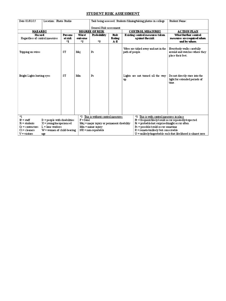 Student Risk Assessment for Photo Studio | PDF