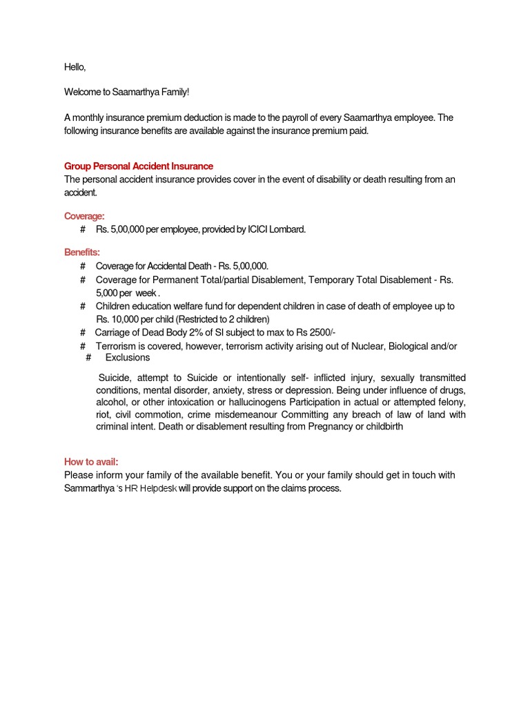 Group Personal Accident Insurance: Coverage | PDF | Insurance | Hospital