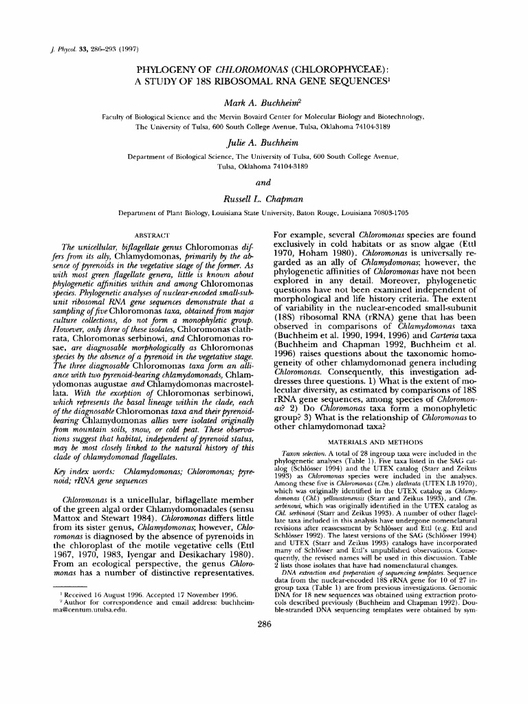 PHYLOGENY OF CHLOROMONAS (CHLOROPHYCEAE) : A STUDY OF 185 RIBOSOMAL RNA ...