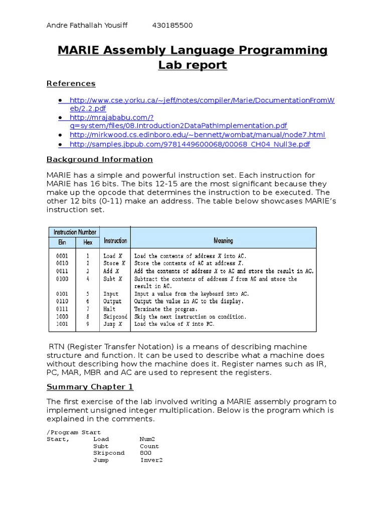 MARIE Assembly Language Programming Lab Report | PDF | Instruction Set ... MARIE Assembly Language Programming Lab Report | PDF | Instruction Set ...