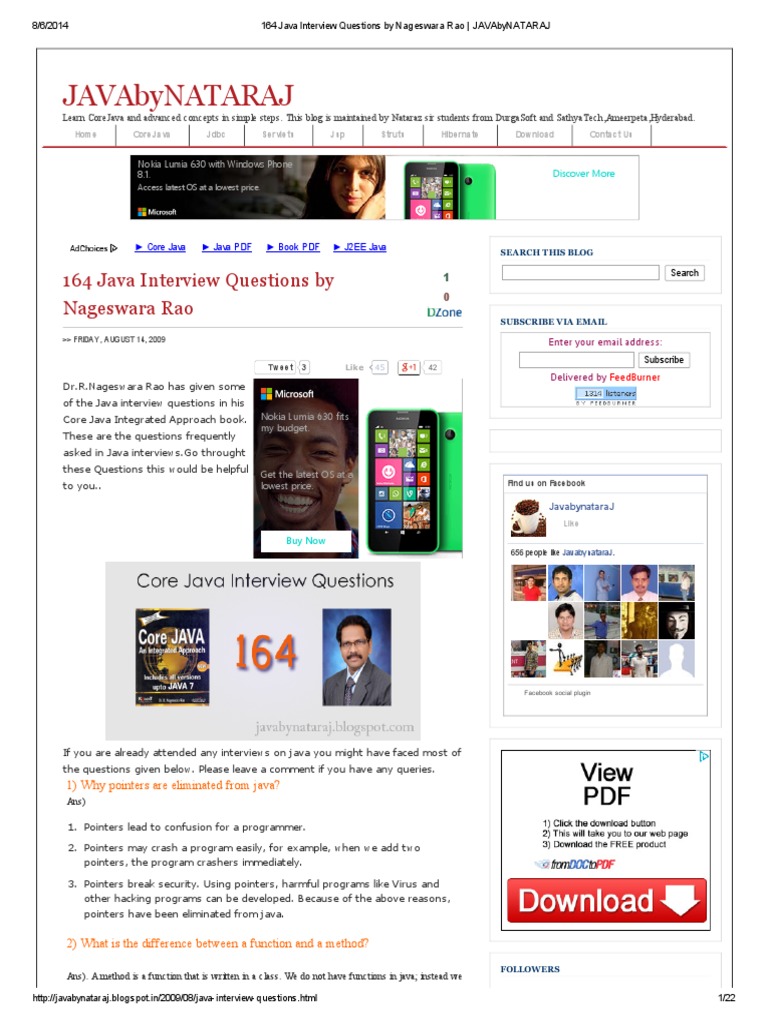 164 Java Interview Questions By Nageswara Rao Javabynataraj Pdf Method Computer