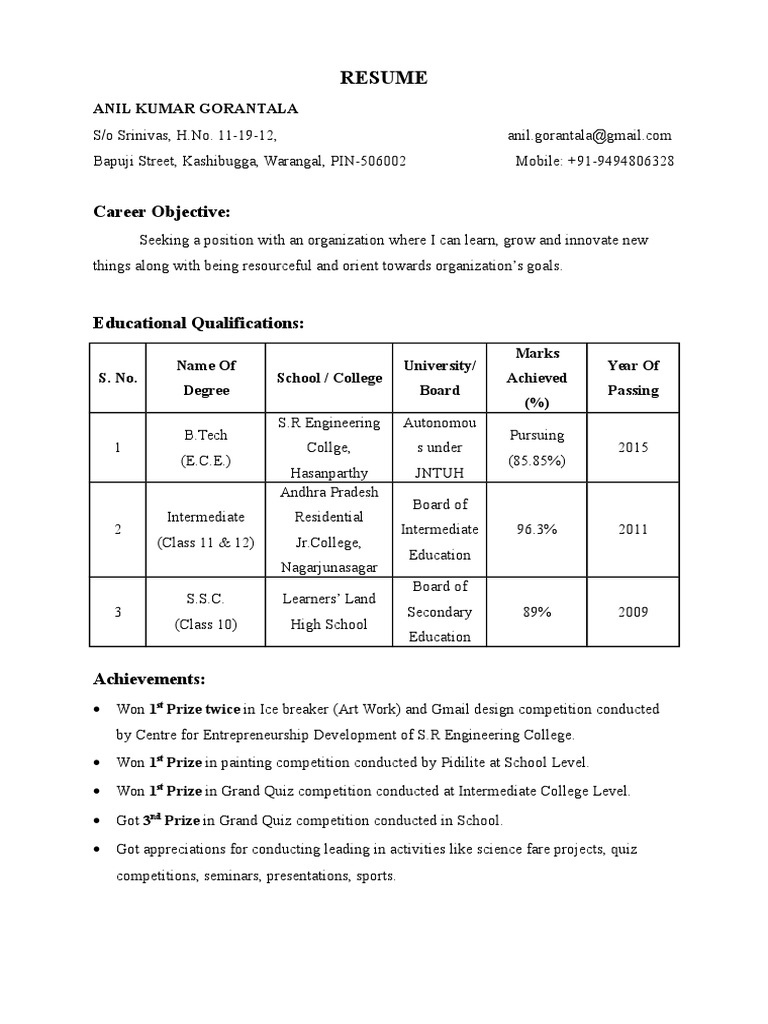 Anil Kumar Gorantala Resume | PDF