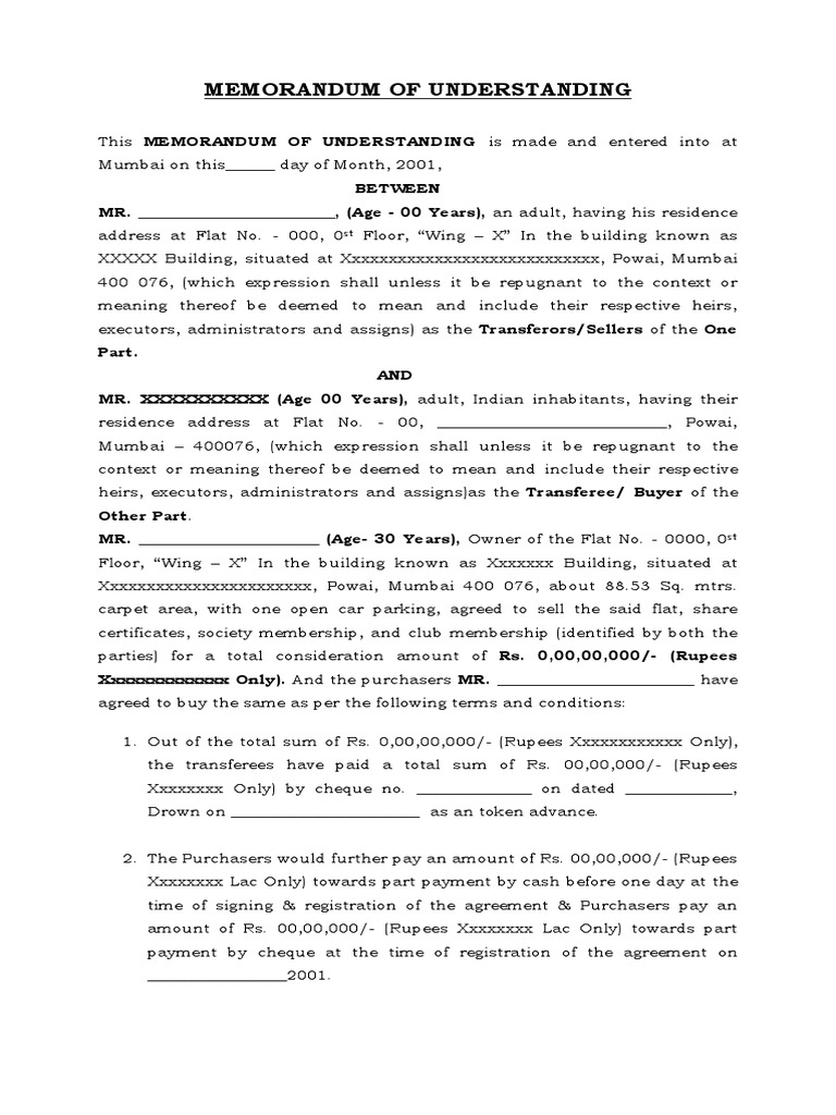 Memorandum of Understanding | Payments | Cheque