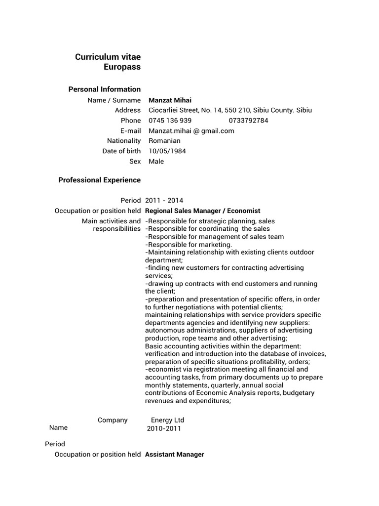 CV Mihai Manzat Eng Nuiuiuiu | PDF | Sales | Insurance