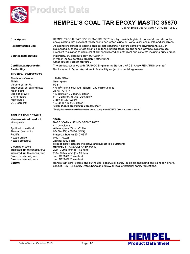 Pds Hempel's Coal Tar Epoxy Mastic 35670 En-Gb | PDF | Paint | Abrasive