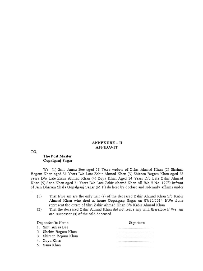 Annexure - Ii Affidavit The Post Master Gopalganj Sagar | PDF | Civil Law (Common Law) | Government