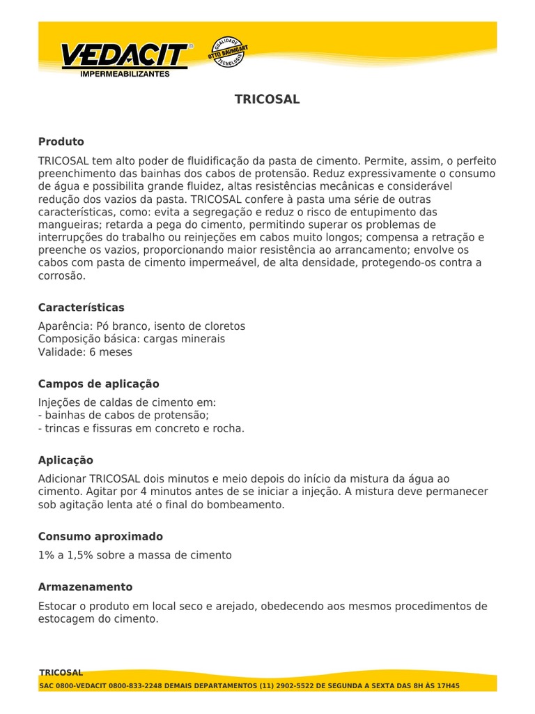 Vedacit - Tricosal (Ficha Técnica) PDF | PDF | Cimento | Science
