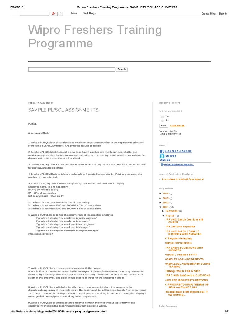 Wipro Freshers Training Programme_ SAMPLE PL_SQL ASSIGNMENTS | Pl/Sql | Sql Wipro Freshers Training Programme_ SAMPLE PL_SQL ASSIGNMENTS | Pl/Sql | Sql