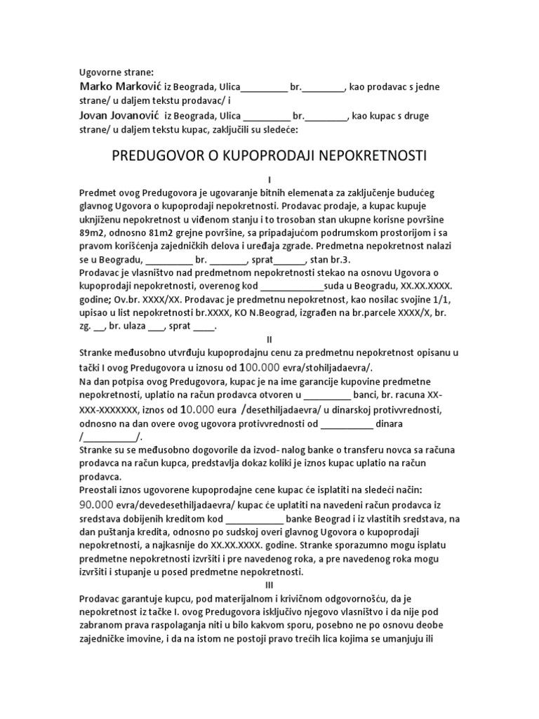 Predugovor o Kupoprodaji Nepokretnosti | PDF