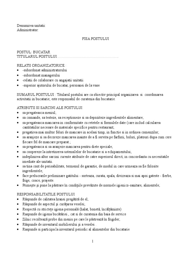 Fisa Post Bucatar | PDF