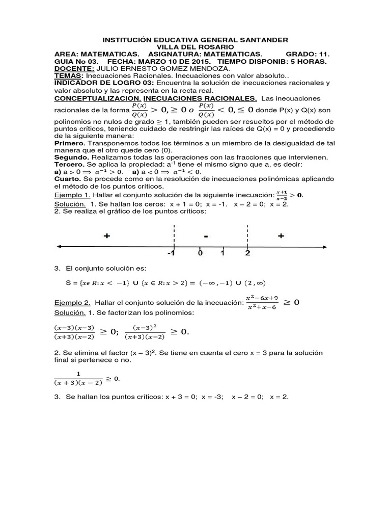Matemat.11. Inecuaciones Racionales y de Valor Absoluto. | PDF | Número ...