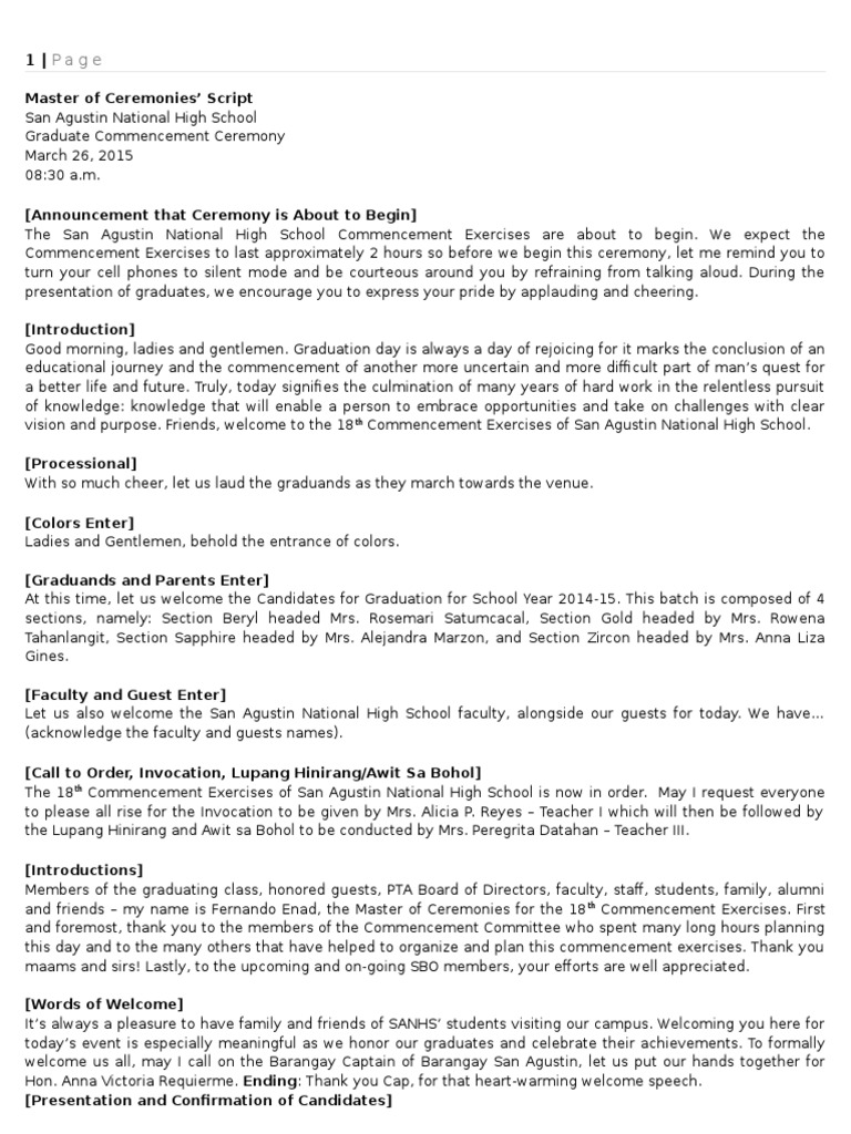 Master of Ceremonies Script - 18th Commencement Exercise - San Agustin NHS | PDF | Academia ...