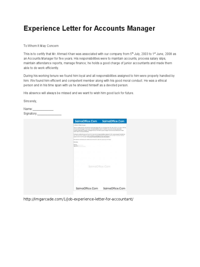 Accounts Manager Experience Letter | PDF | Career & Growth | Business