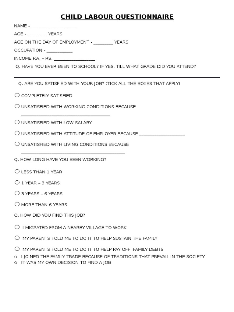 Child Labour Questionnaire | PDF