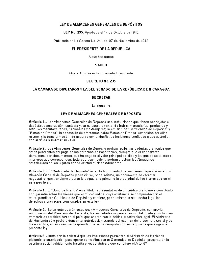 Ley de Almacenes Generales de Depósitos | PDF | Pagos | Bancos