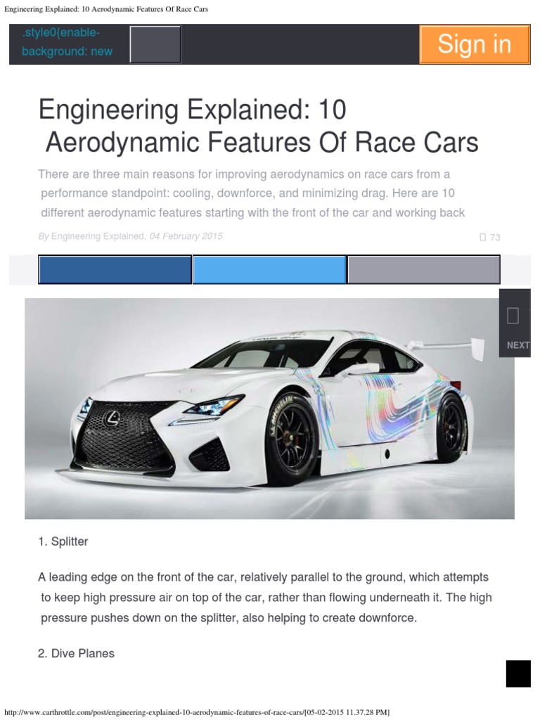 Aerodynamic Features of Race Cars | PDF | Aerospace | Vehicles