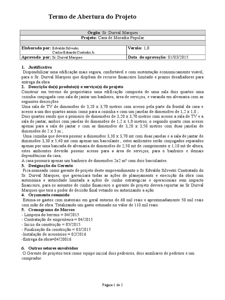 TAP - Termo de Abertura Do Projeto | PDF | Gestão de projetos ...