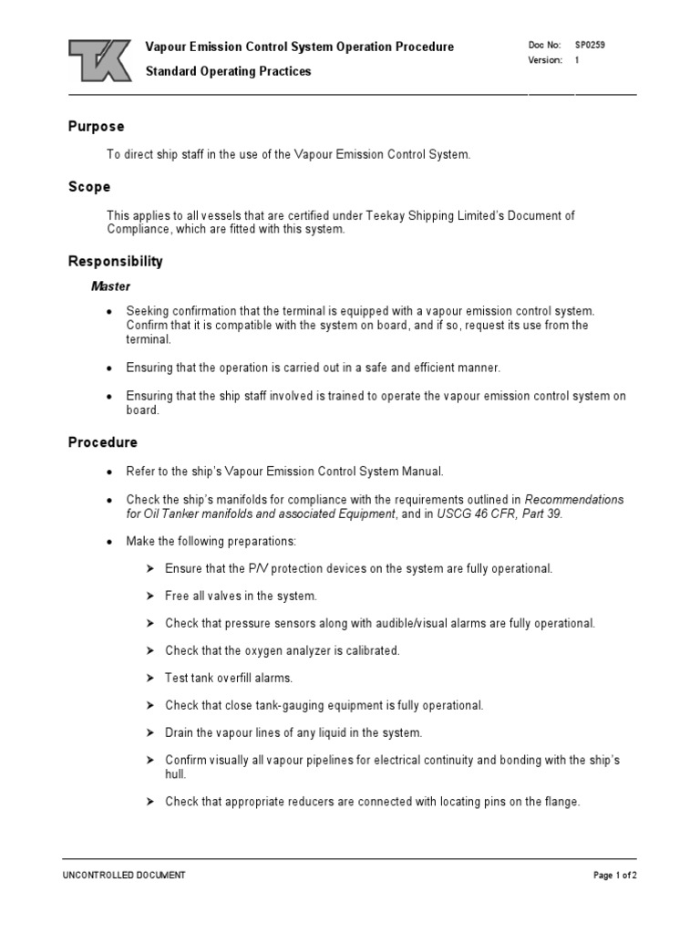 Vapour Emission Control System Operation Procedure | PDF