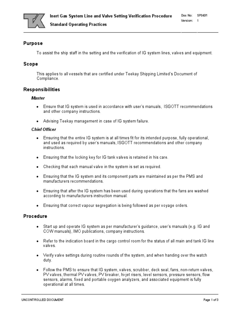 IG Line Setting Procedure | PDF | Oil Tanker | Verification And Validation